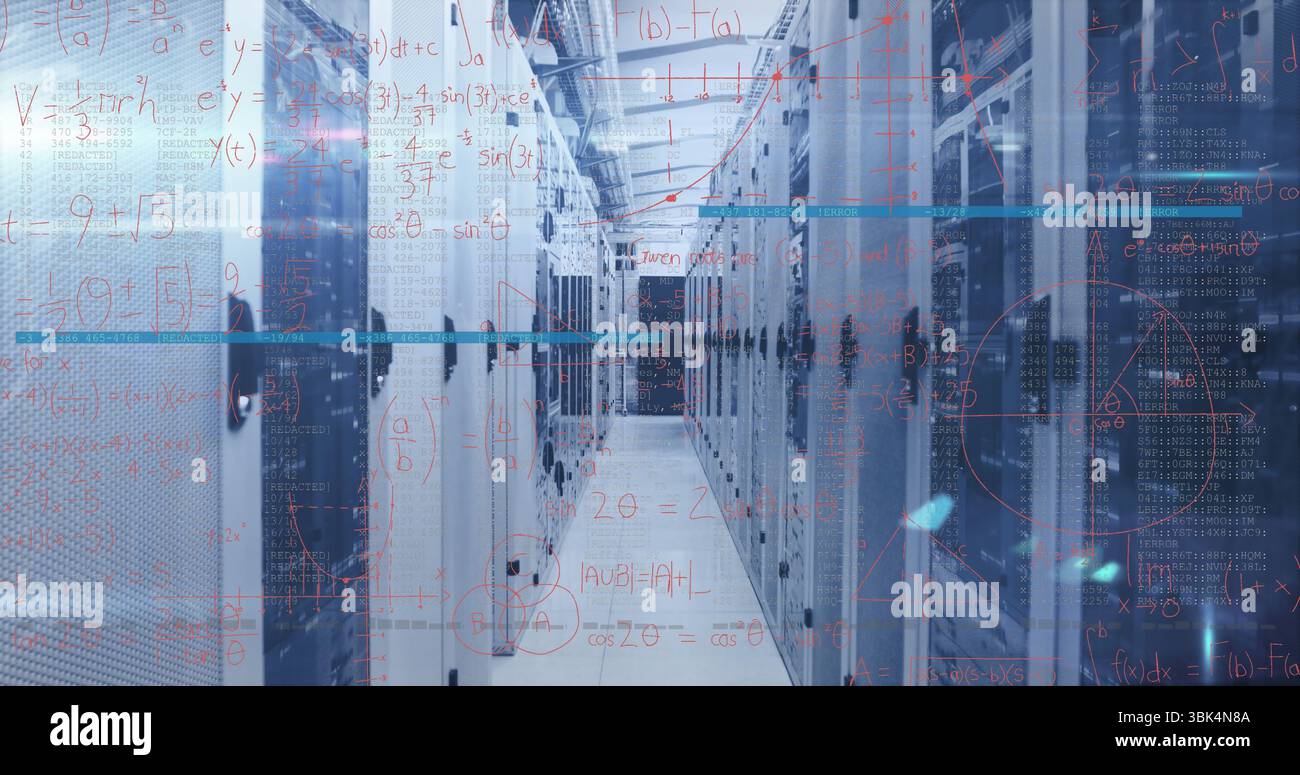 Aisle extending past server cabinets in data center with cable trays, LED indicators and ...