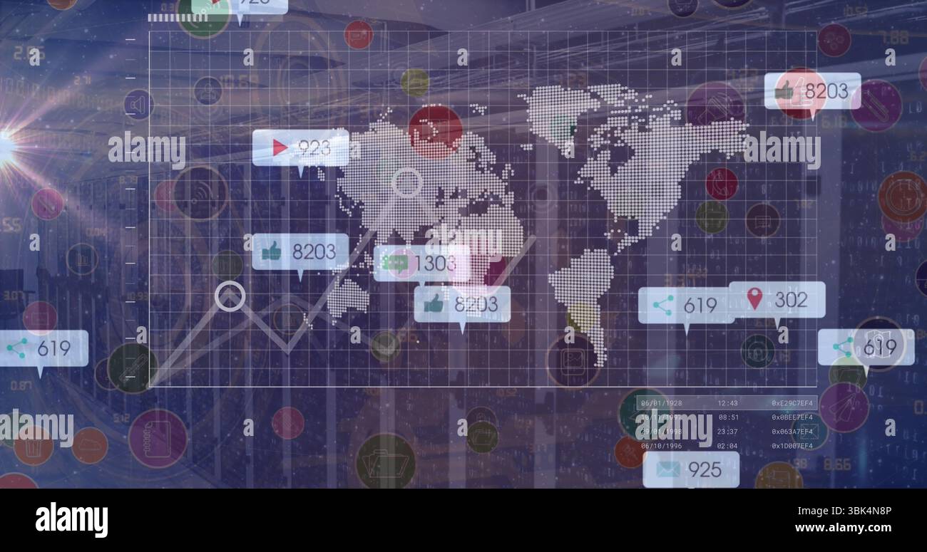 Displaying dashboard in data center, world map grid, line graph, social ...