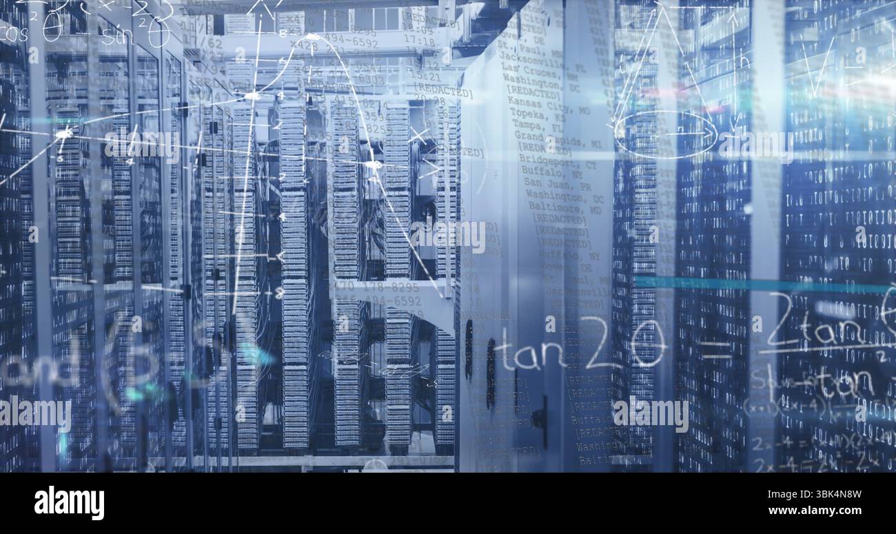 Glowing server racks emitting blue light in data center, with network ...