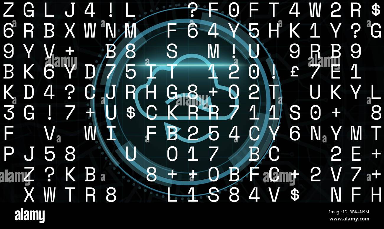Showing cloud sync icon glowing in UI environment, with turquoise ring and alphanumeric ...