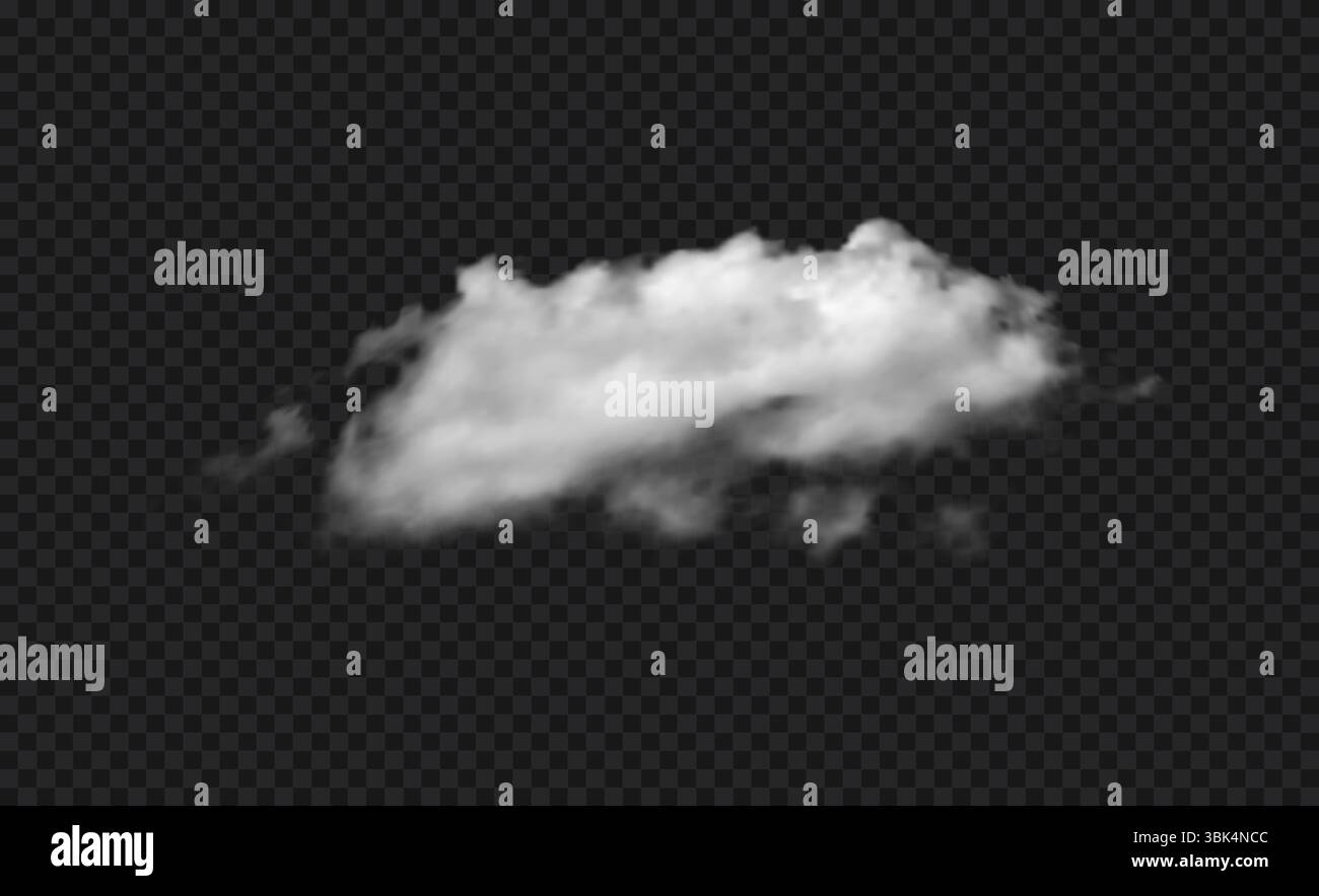 Realistic white vector cloud png mockup isolated on black transparent sky background Smoky air ...