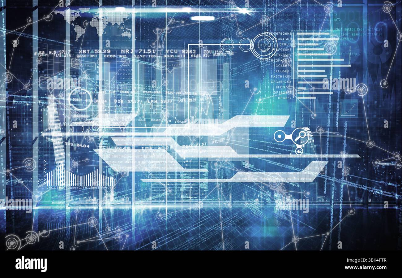 Central HUD interface is displaying code streams and charts on flat design panel with world map ...