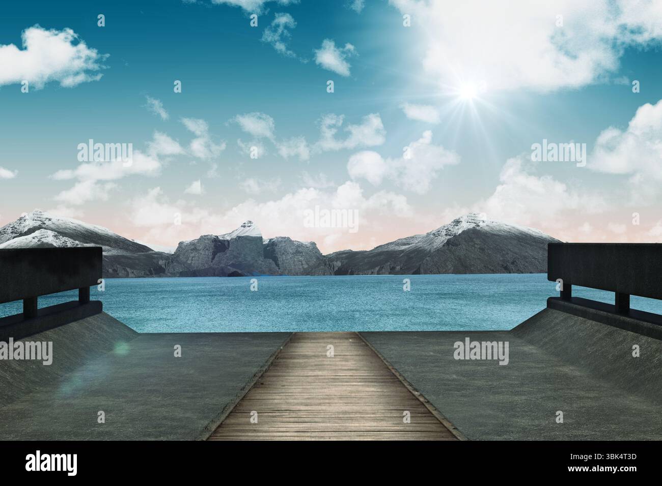 Showing flat-design wooden pier beside concrete decks reaching into ...