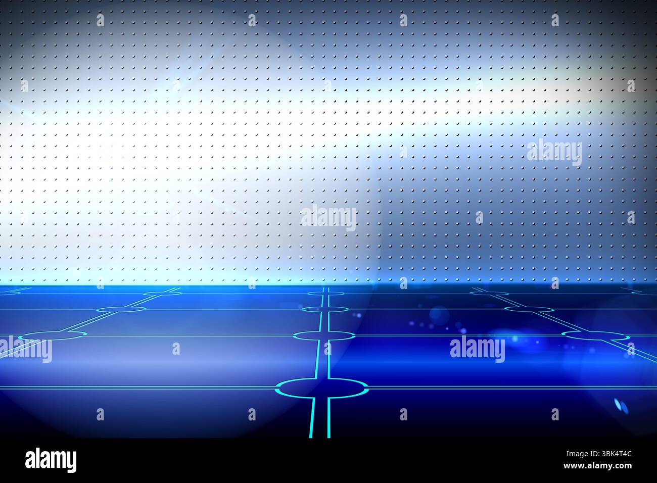 Futuristic neon grid floor and metallic dimpled wall are glowing on ...