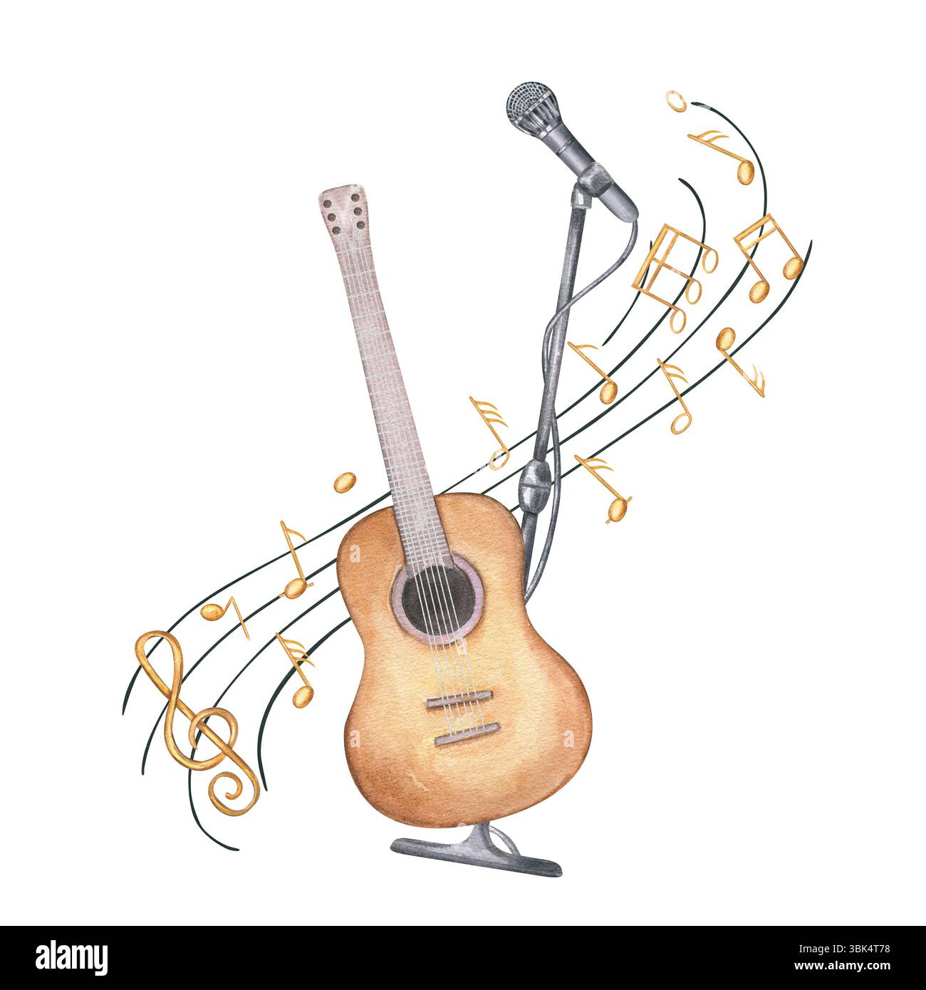 Watercolor string guitar with microphone on stand, and swirling musical ...