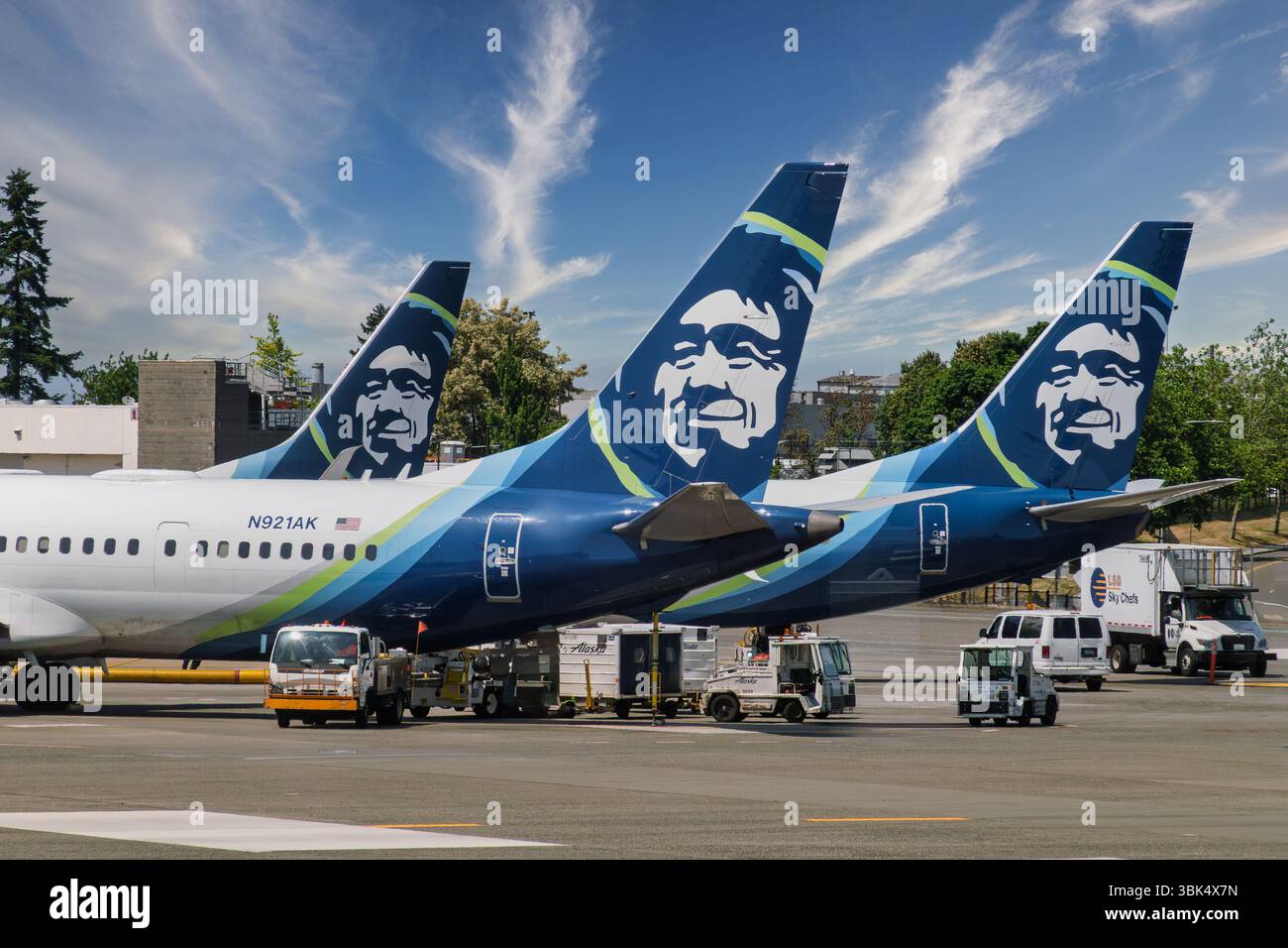 SEATAC, WA, USA, JUNE 2, 2025: Grouping of three Alaska Airlines ...