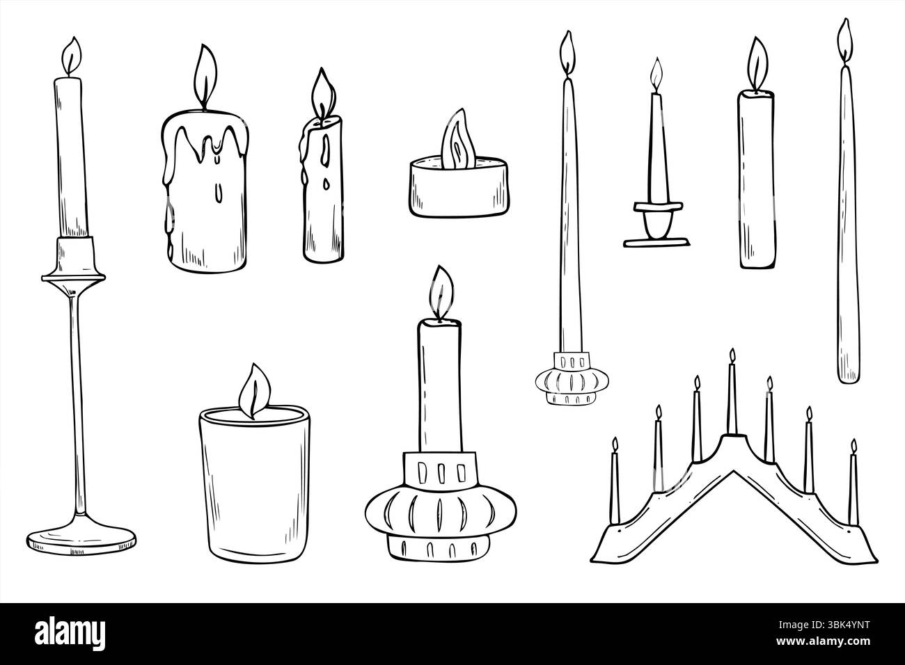 Monochrome vector set of burning candles in various shapes and sizes ...