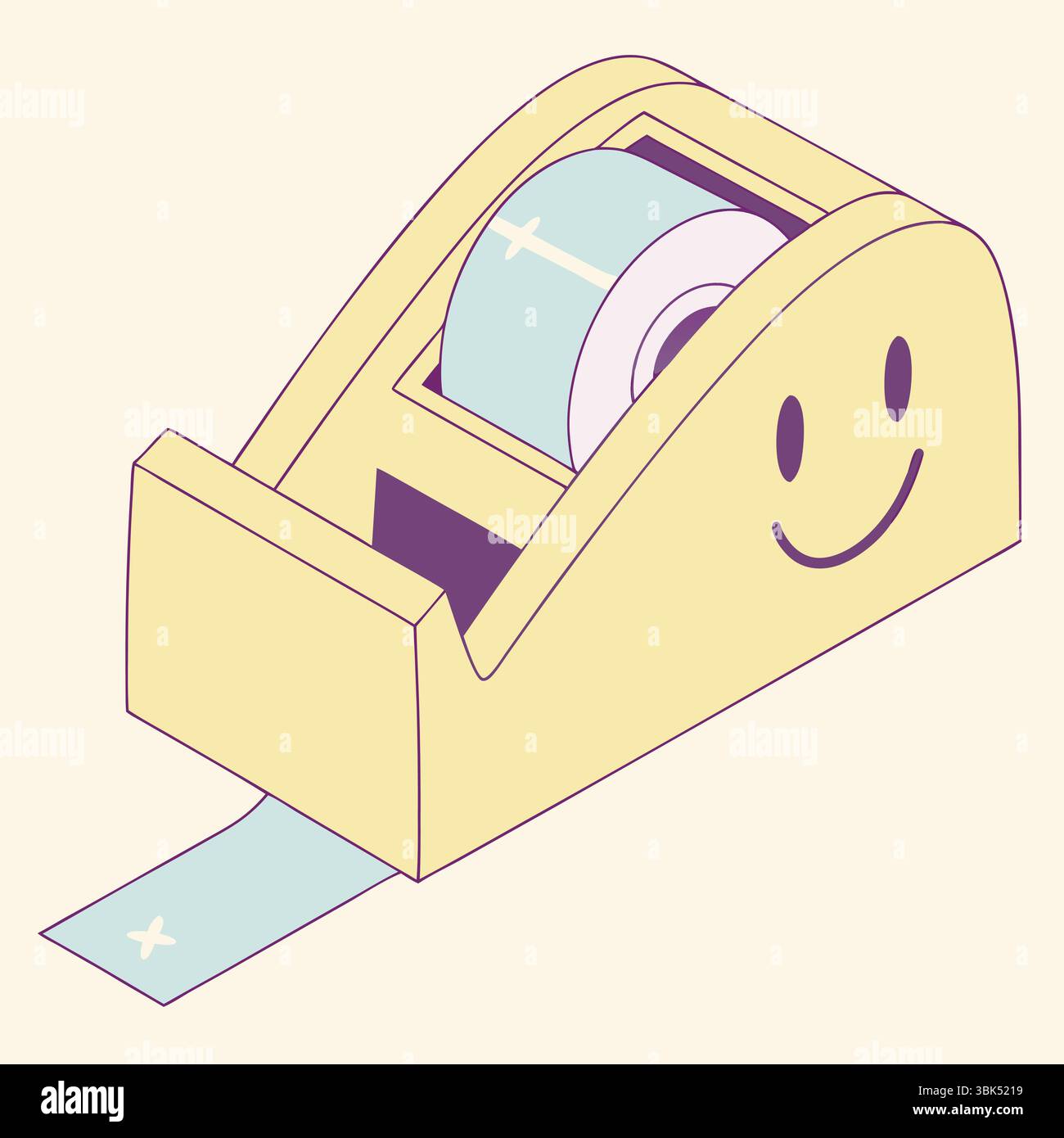 Isometric illustration of a smiley face tape dispenser with a purple ...