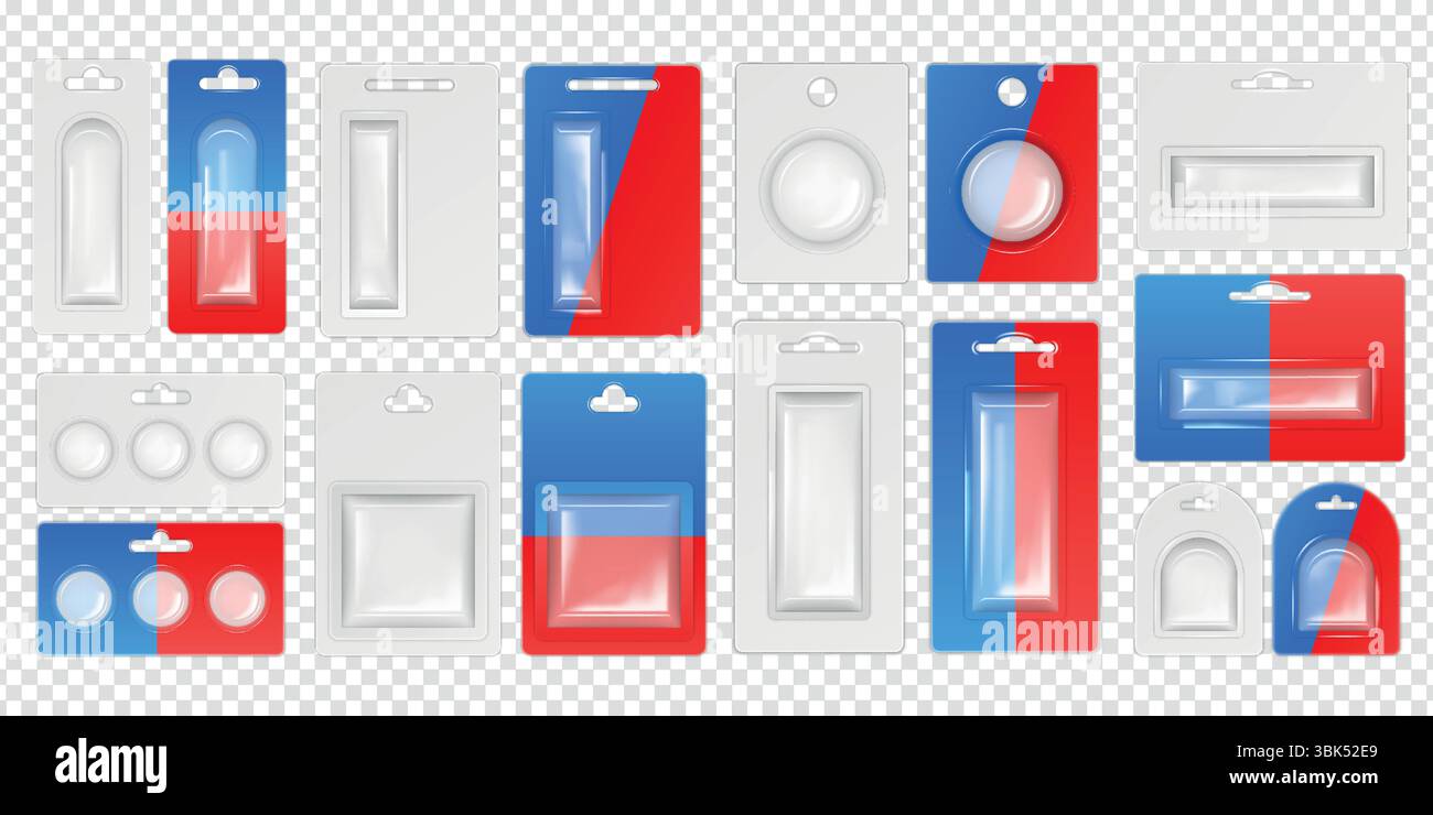 Plastic blister. Transparent box pack hang. Empty bag from cardboard or ...