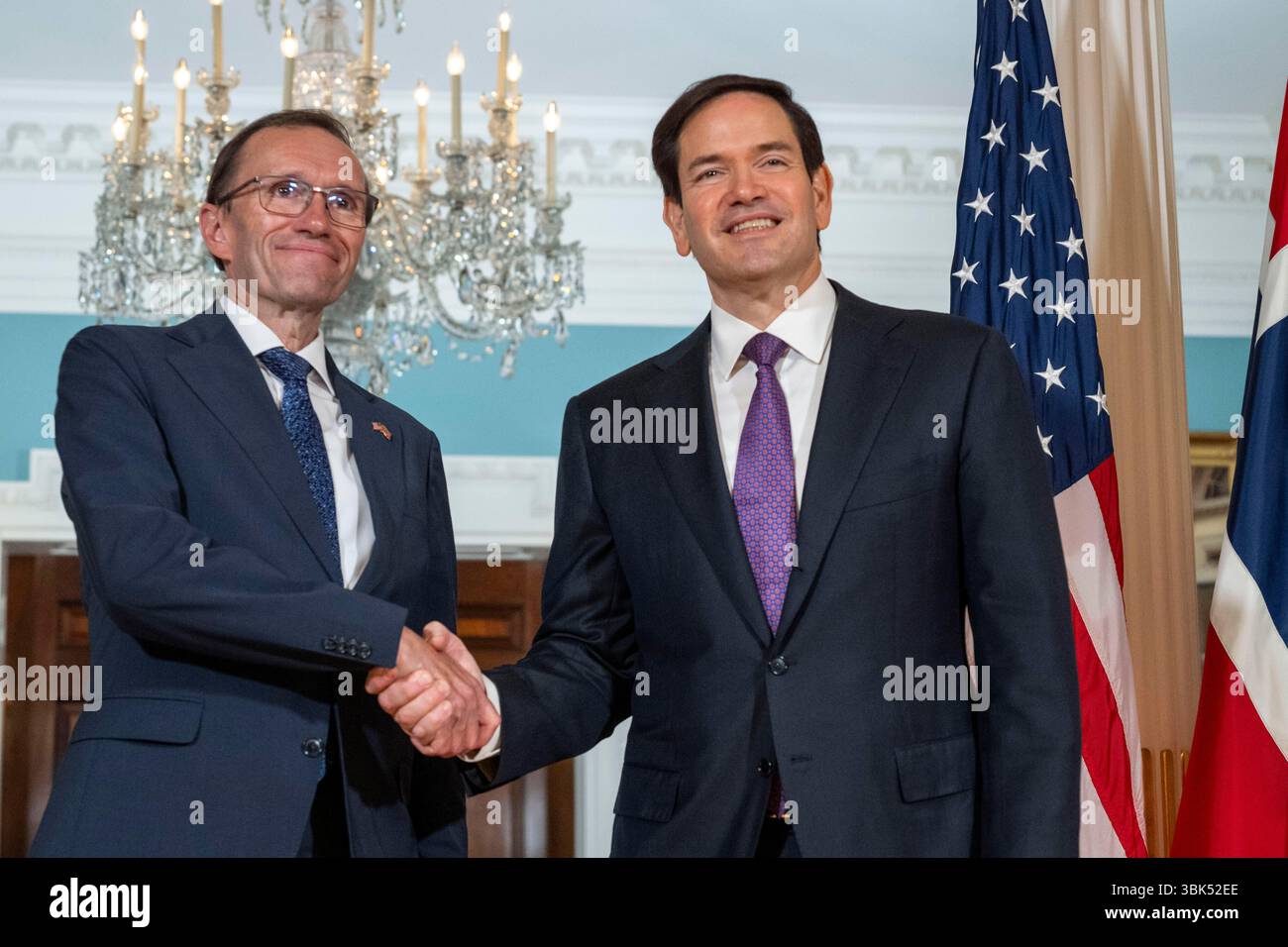 Secretary of State Marco Rubio, right, shakes hands with with Norwegian ...