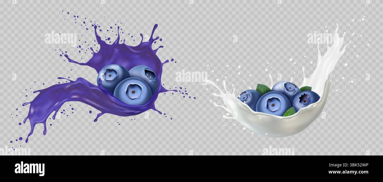 Blueberry in splash. 3D realistic bilberry juice cream. Fruit liquid ...