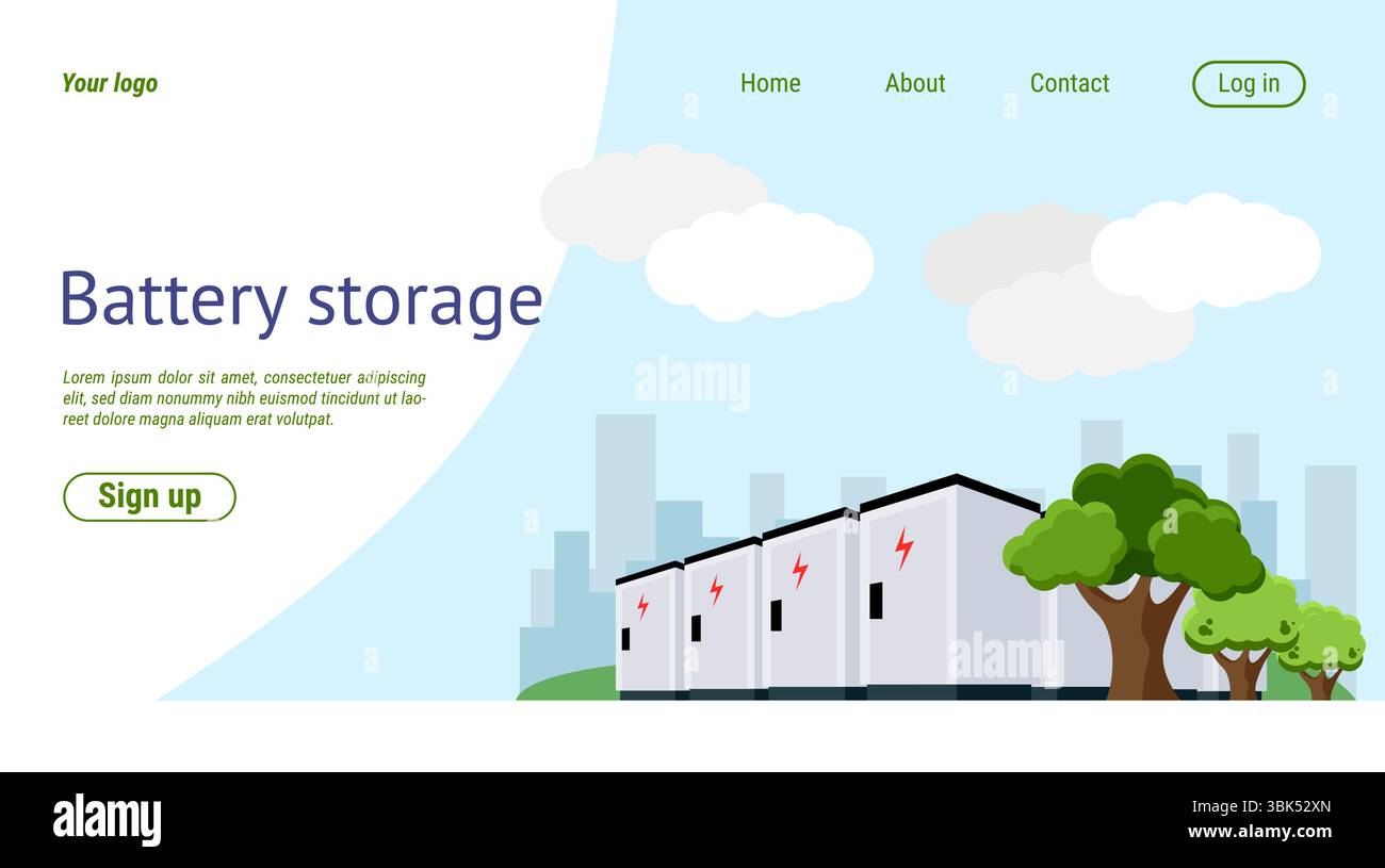 Power plant landing page. Batteries storage. Renewable green energy ...