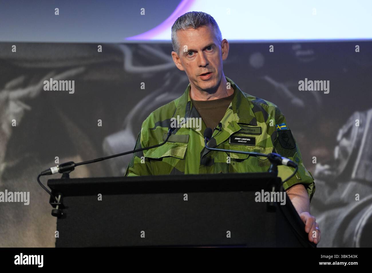 Commander of the Swedish Army, Major General Jonny Lindfors, delivers a ...