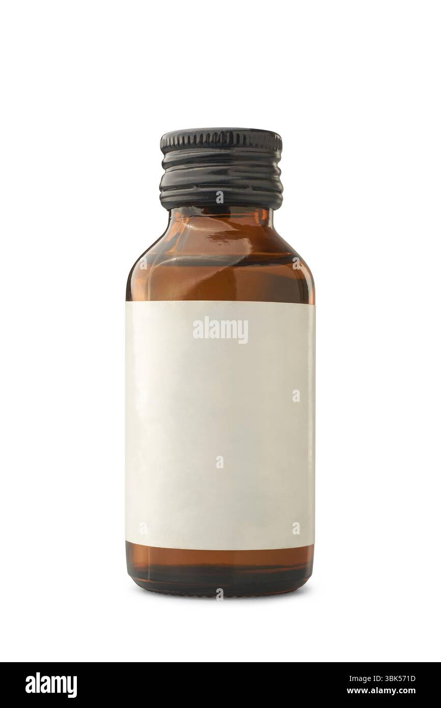 mock-up template of amber color glass bottle with blank label and black ...