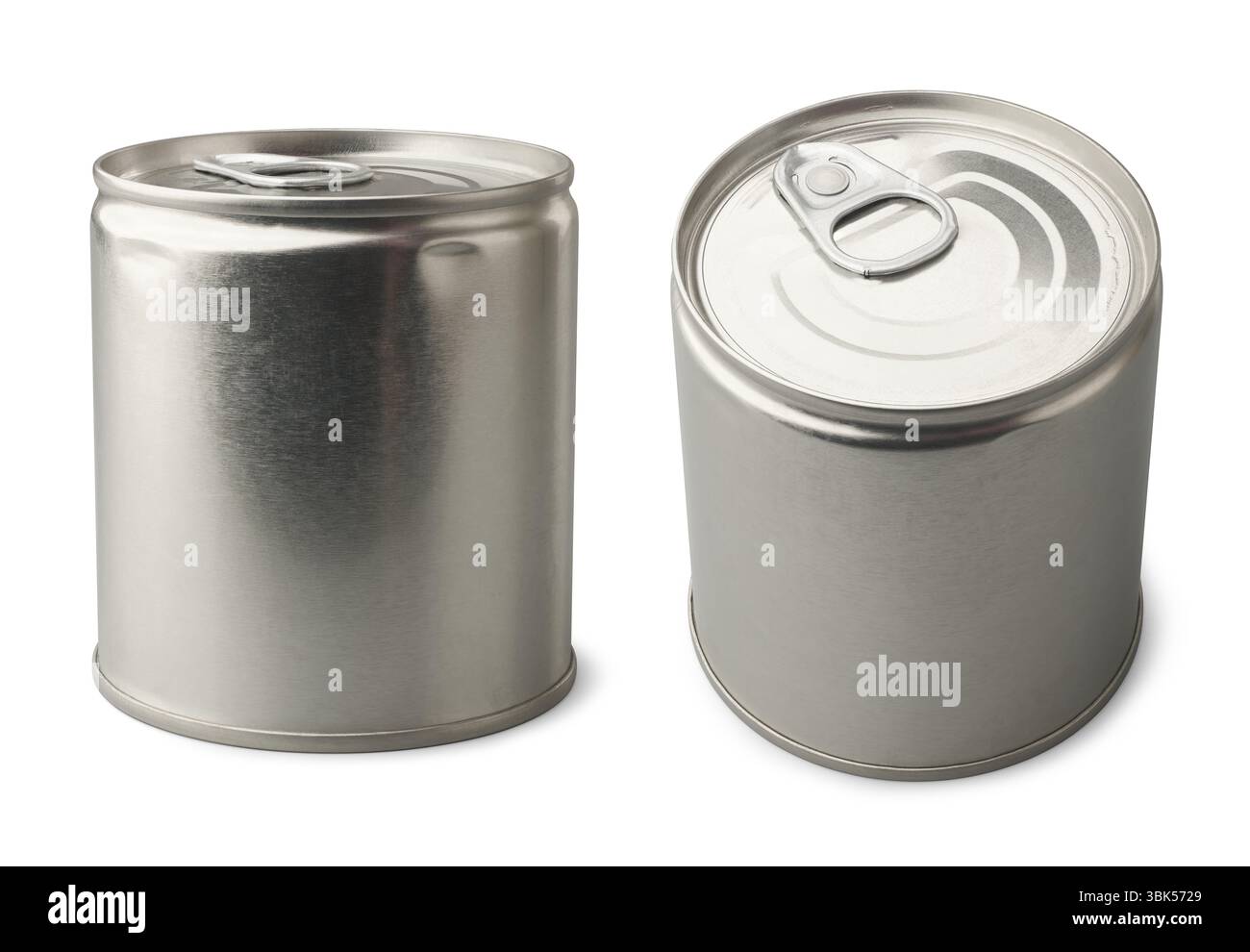 set of metallic silver cylindrical tin cans isolated white background ...