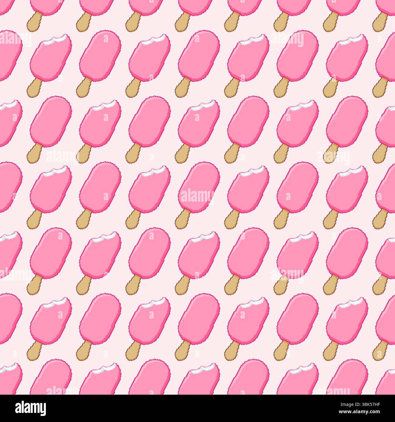 Seamless pattern of pink pixel art ice cream on a stick. Cute repeating ...