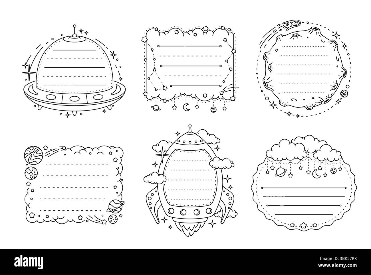 Funny kids memo note frames with galaxy space, ufo and planets. Vector ...