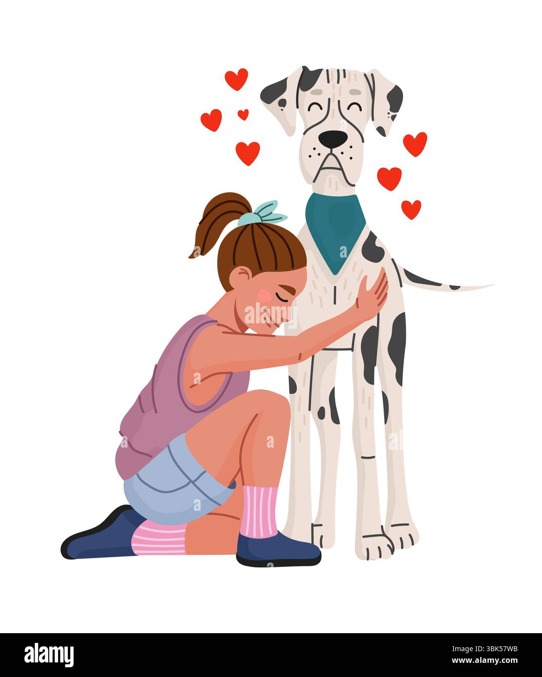 Cartoon girl hugs big spotted Dalmatian dog. Vector child with happy ...