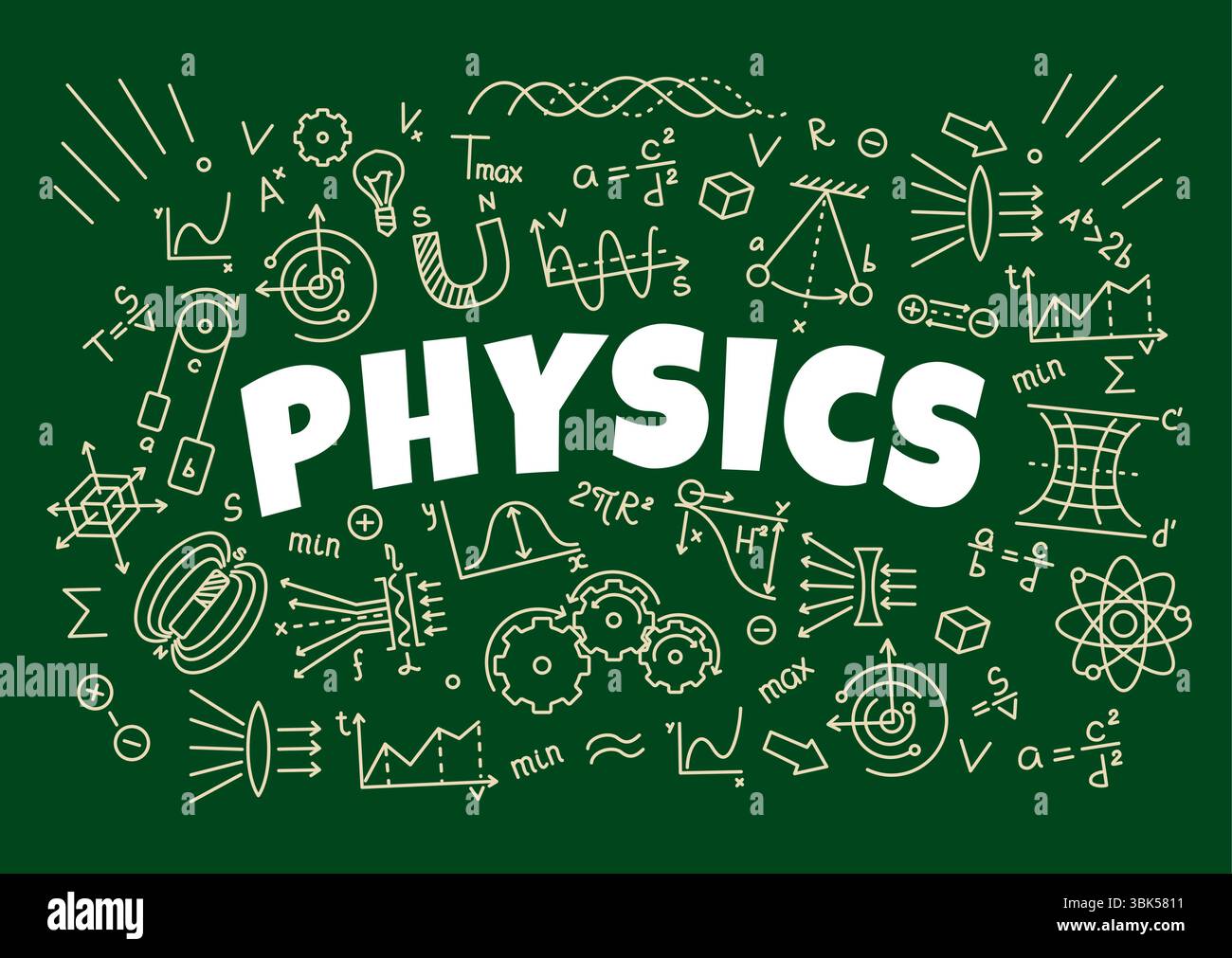 Physics formulas on school board vector background. Physics science ...