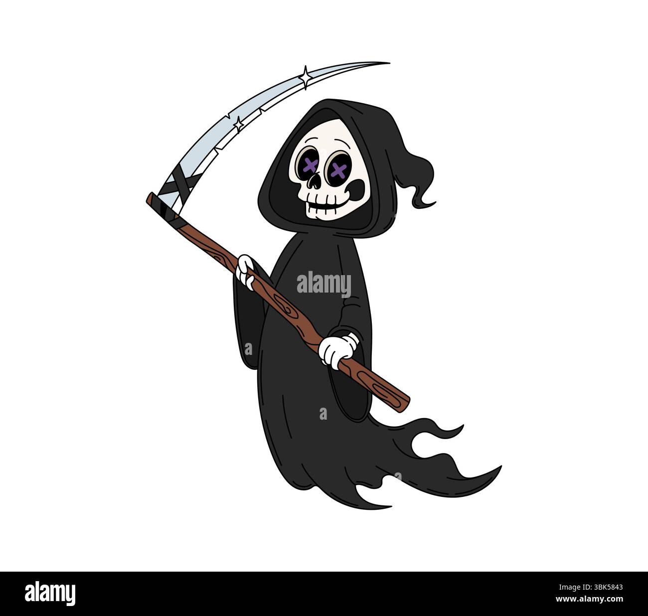 Cartoon groovy Grim Reaper Halloween character holding a scythe ...