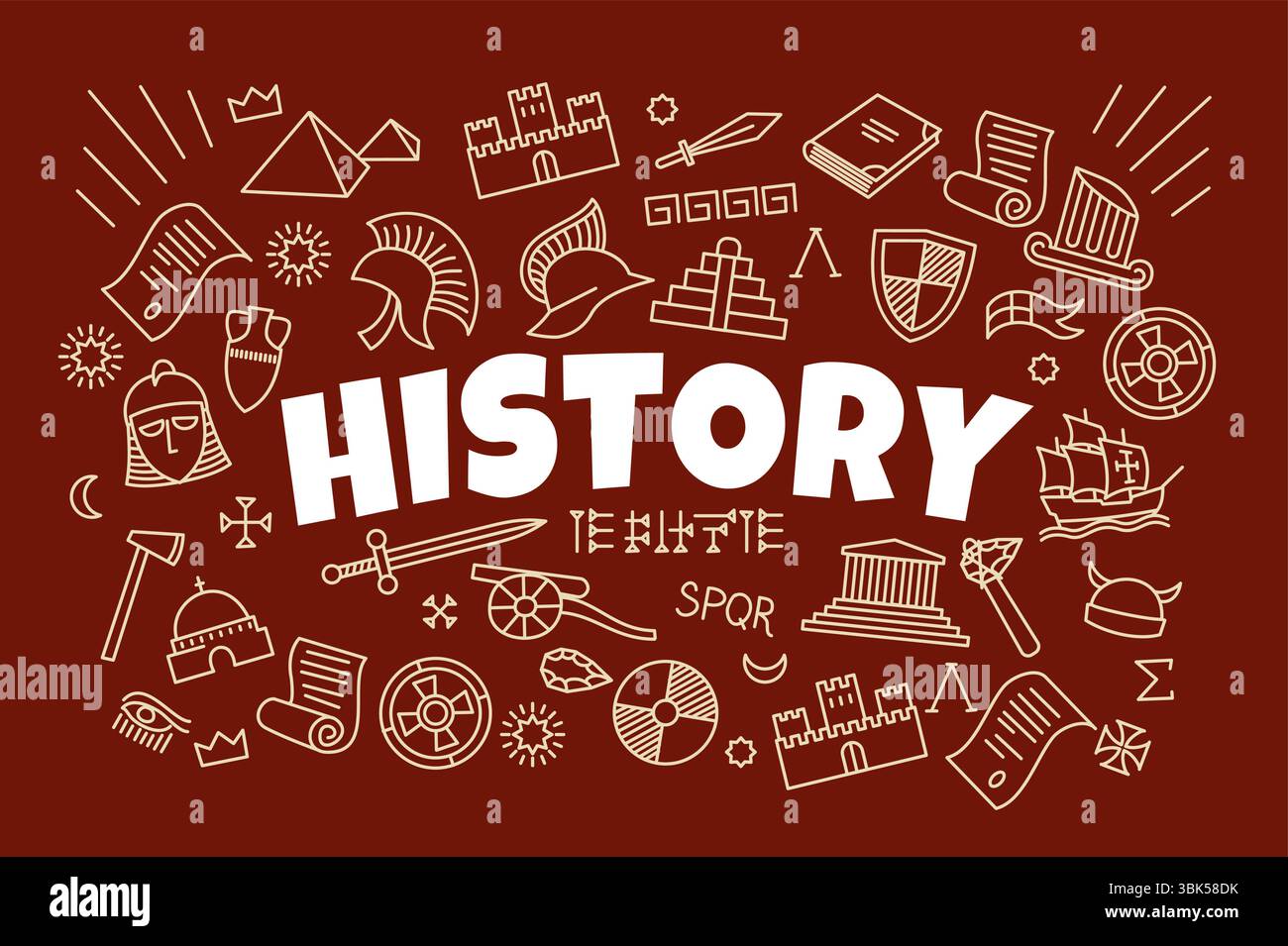 History symbols and icons on school board, vector science of ancient ...