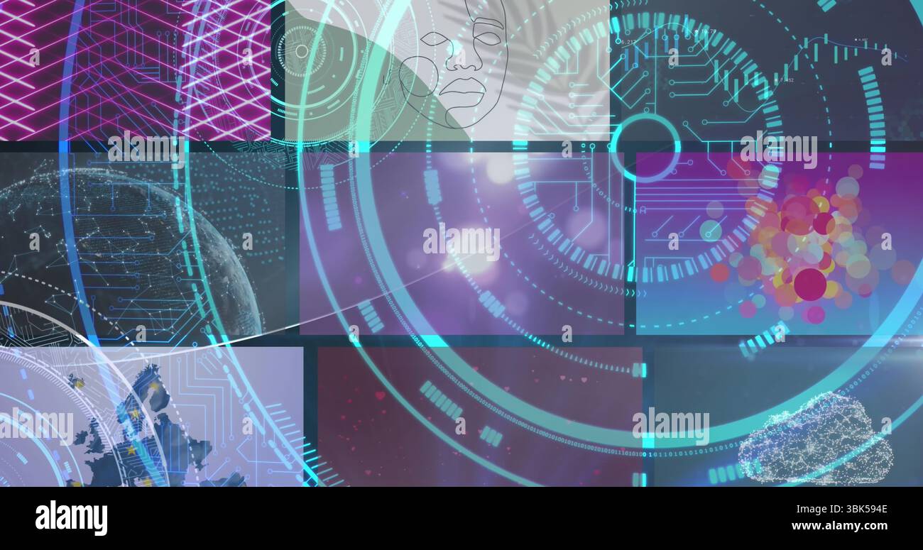 Displaying central holographic interface rotating data rings in virtual dashboard, with neon ...