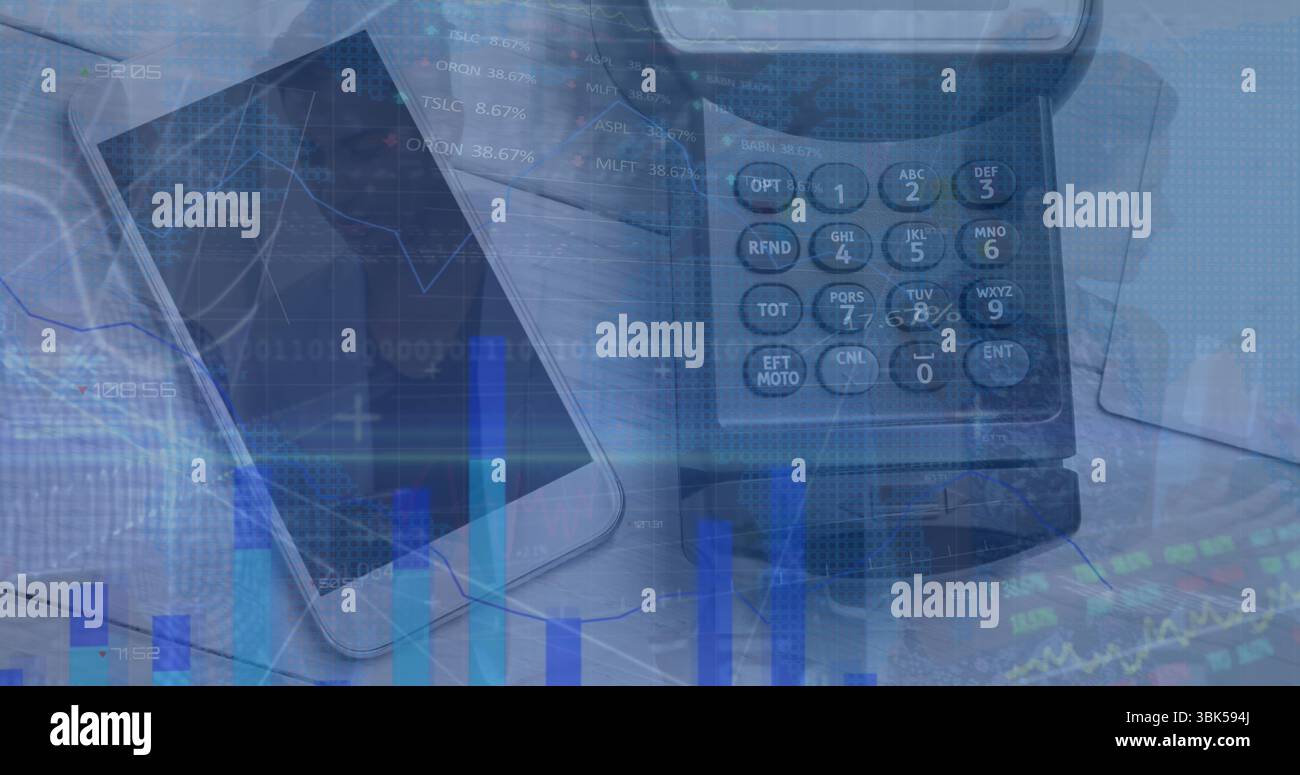 Displaying payment terminal keypad and smartphone analyzing finance ...
