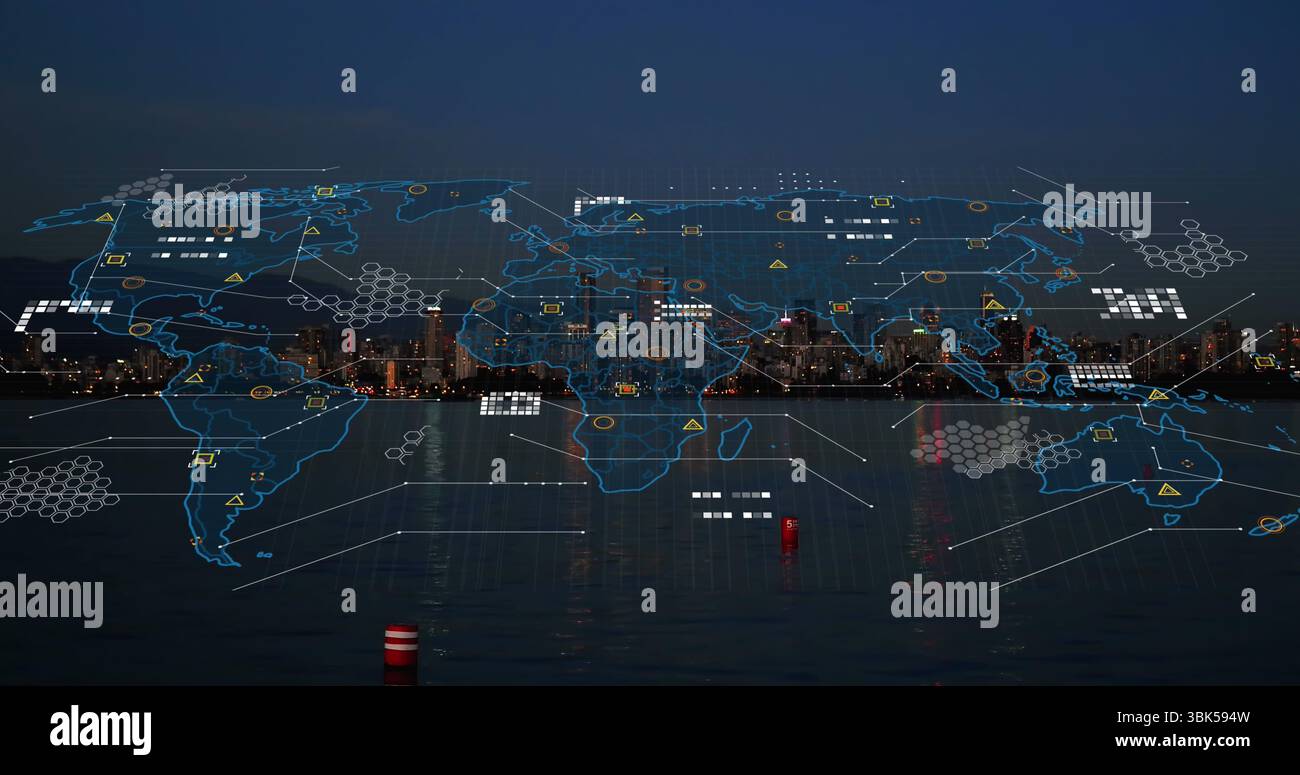 Displaying digital world map overlay floating over waterfront city skyline, with icons and buoys ...
