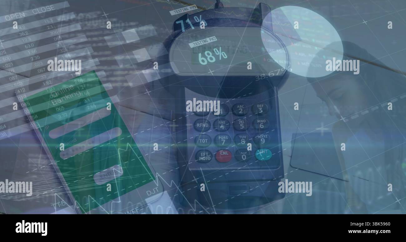 Displaying banking app screen on smartphone and terminal keypad in ...