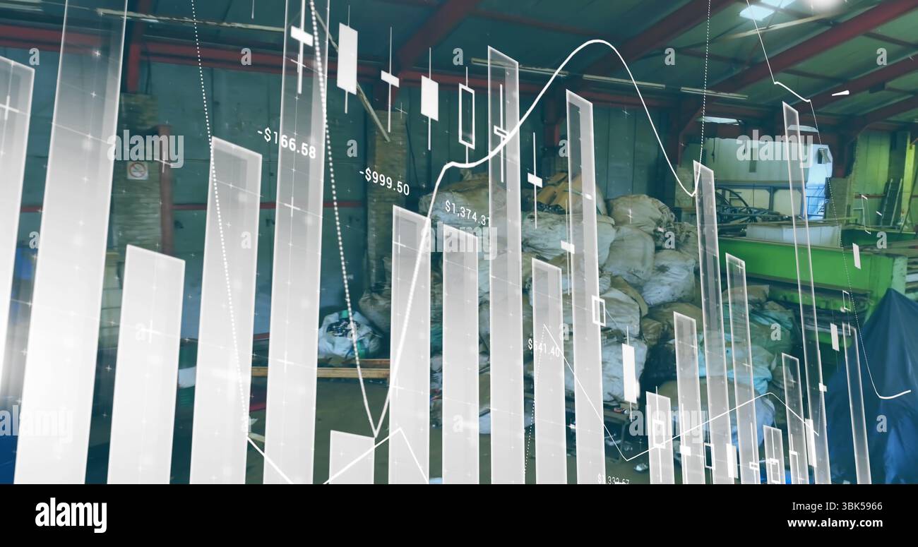 Displaying translucent financial charts overlaying warehouse with metal ...