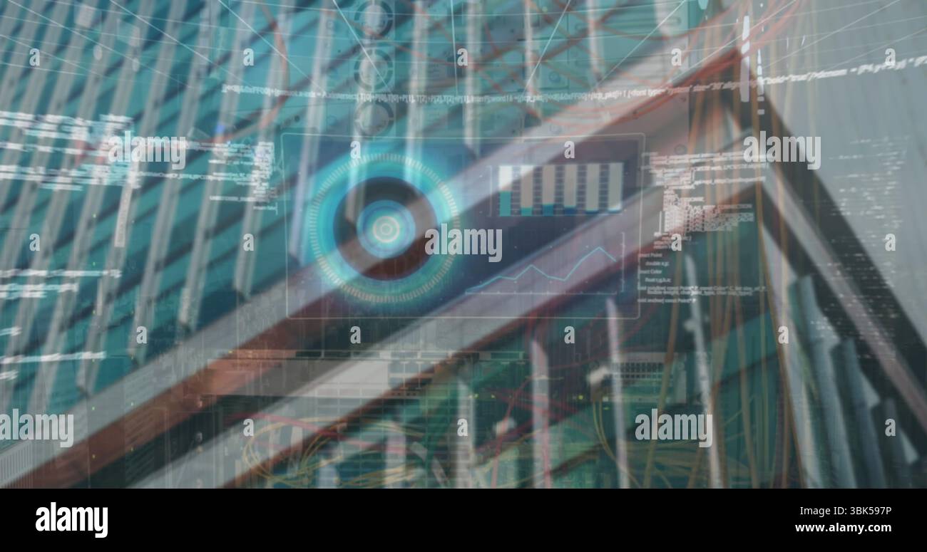 Displaying circular HUD interface merging high-rise exterior with data ...