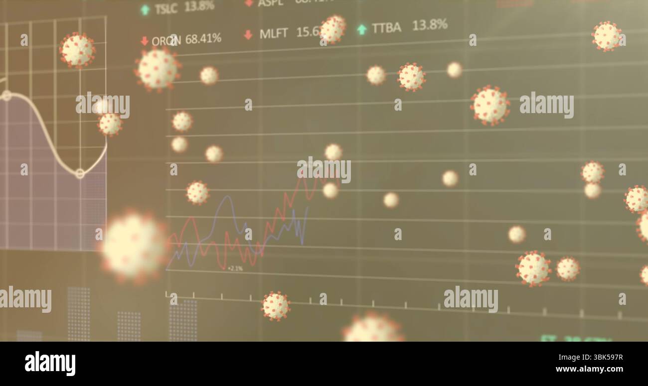 Floating stylized virus icons drifting across digital dashboard, with ...