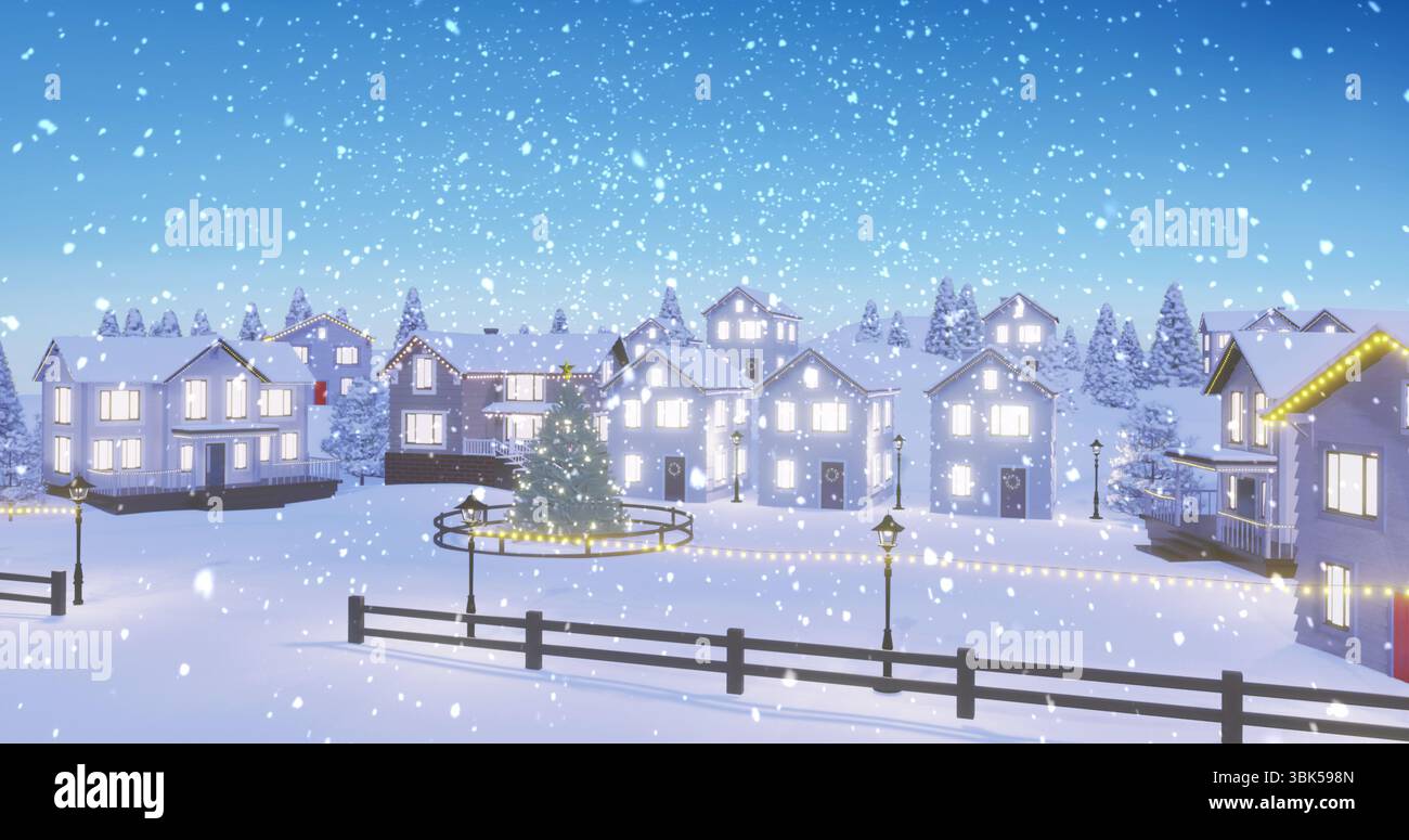 Glowing evergreen tree sparkling with lights in snowy village square ...