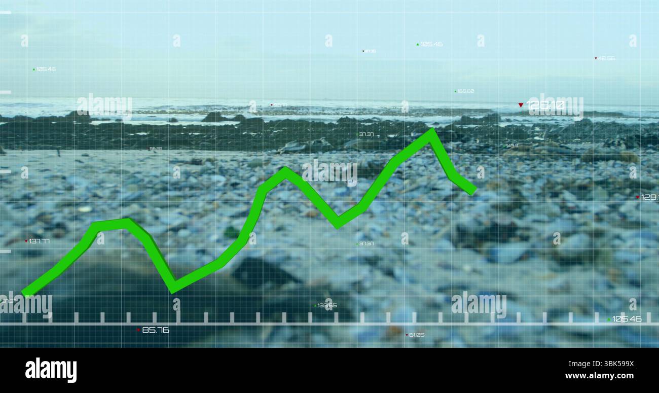 Displaying bright green line chart fluctuating data on rocky beach by ...