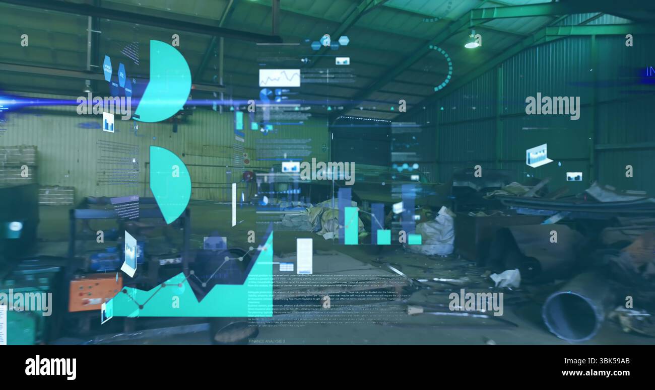 Digital bar charts and line graphs floating above scrap metal pipes inside warehouse, data ...