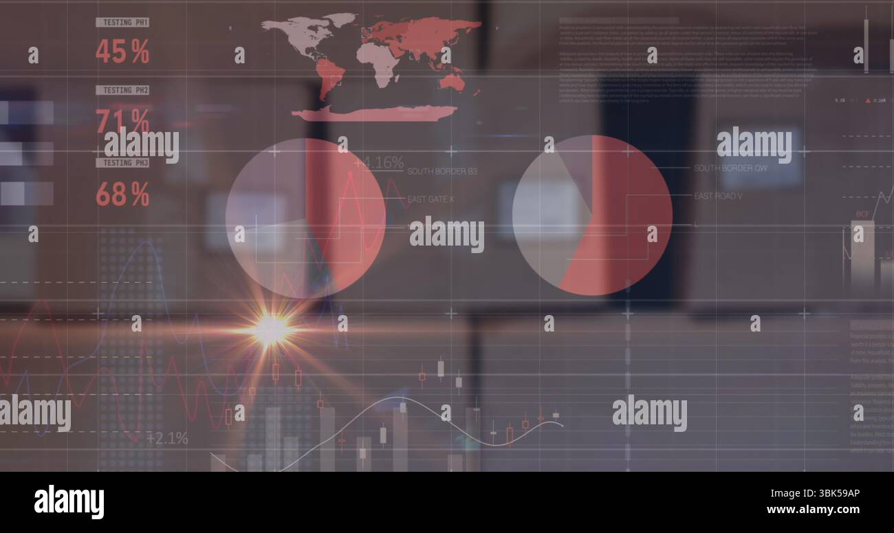 Semi-transparent dashboard overlay in office, showing pie charts world map percentages and ...