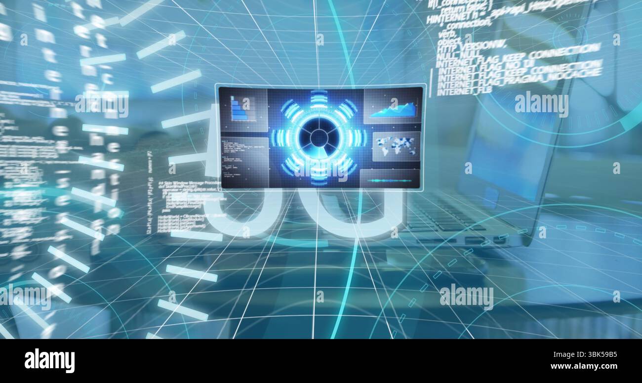 Displaying 5G network interface on desk in tech workspace, with monitor ...