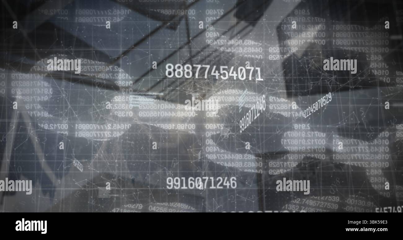 Floating numeric sequence '88877454071' hovering over corporate atrium ...