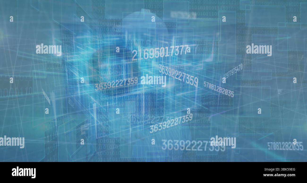 Displaying blue 3D prism network in virtual data space, with numeric ...