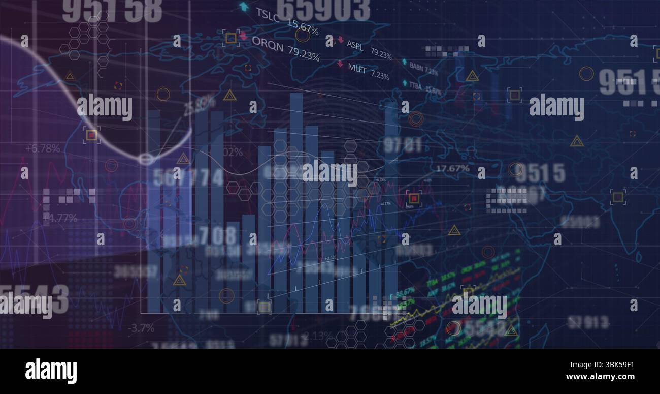 Displaying finance dashboard on dark themed GUI, with vertical bar chart and curved line graph ...