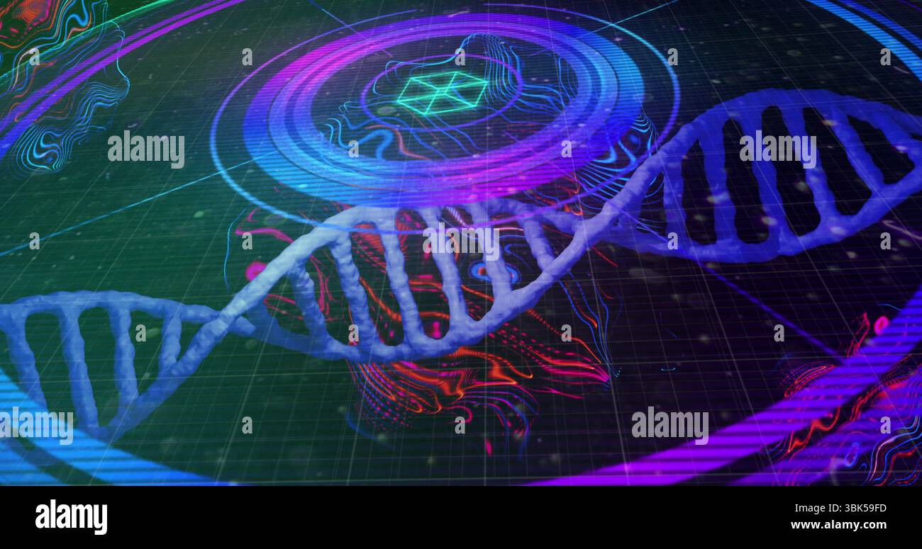 Floating semi-transparent DNA double helix hovering above interface grid with holographic rings ...