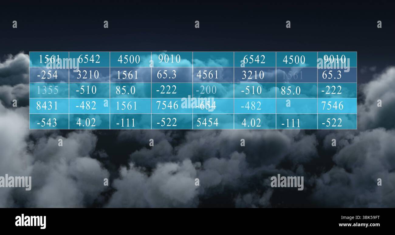 Overlaying semi-transparent data table over stormy sky, showing seven ...