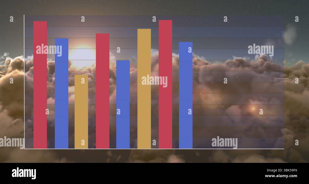 Displaying transparent bar chart showing colored bars over sea of clouds, with gridlines and ...