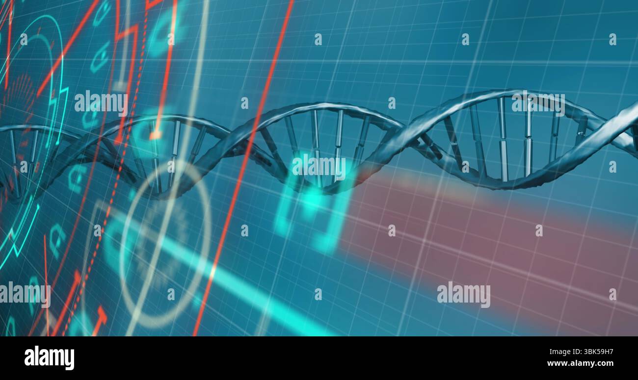 Floating DNA double helix over blue grid, showing neon data lines ...