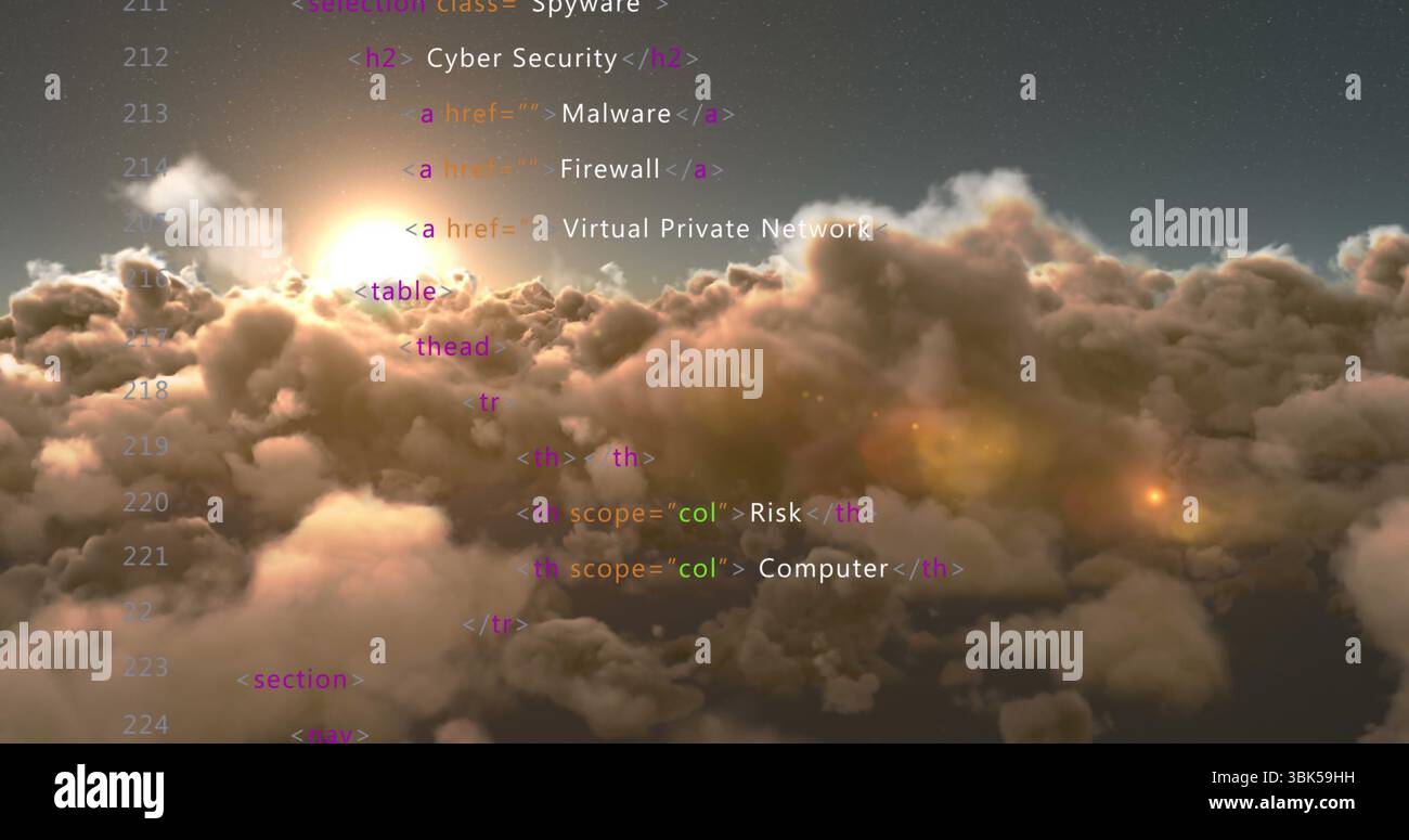 Floating HTML code drifting through golden clouds, with spyware ...