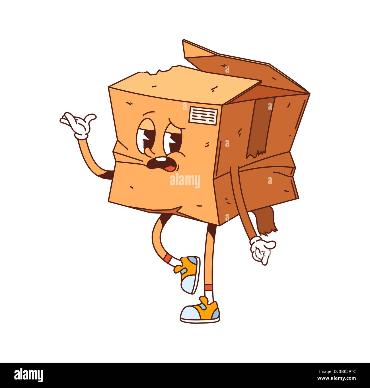 Cartoon groovy damaged delivery cardboard box character. Vector retro ...