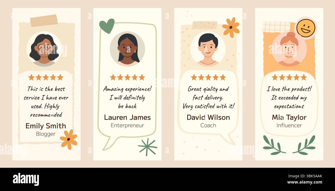 Cartoon testimonial template set with avatar frames, five stars ratings ...
