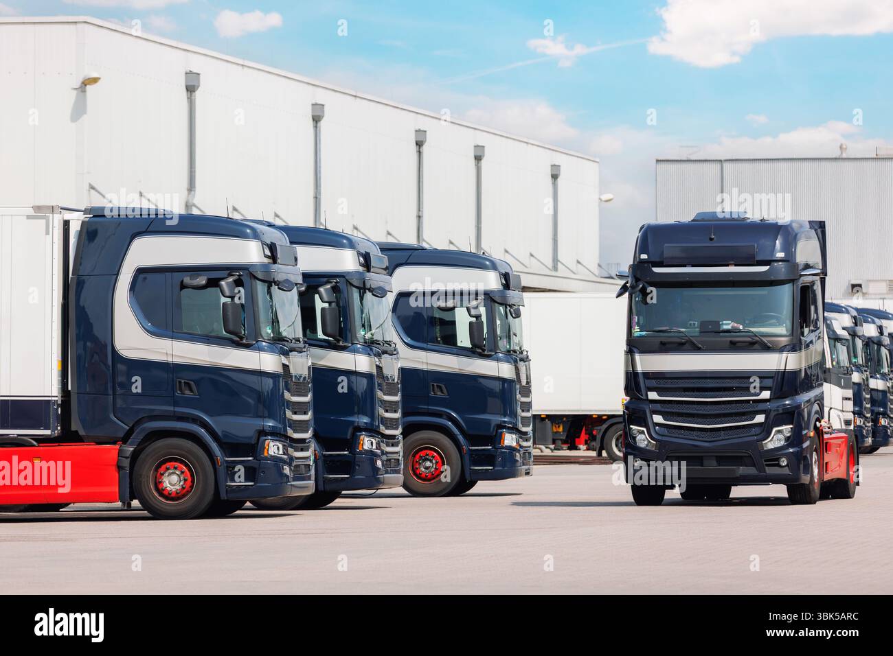 Modern blue cargo truck delivery van parked logistics warehouse center ...
