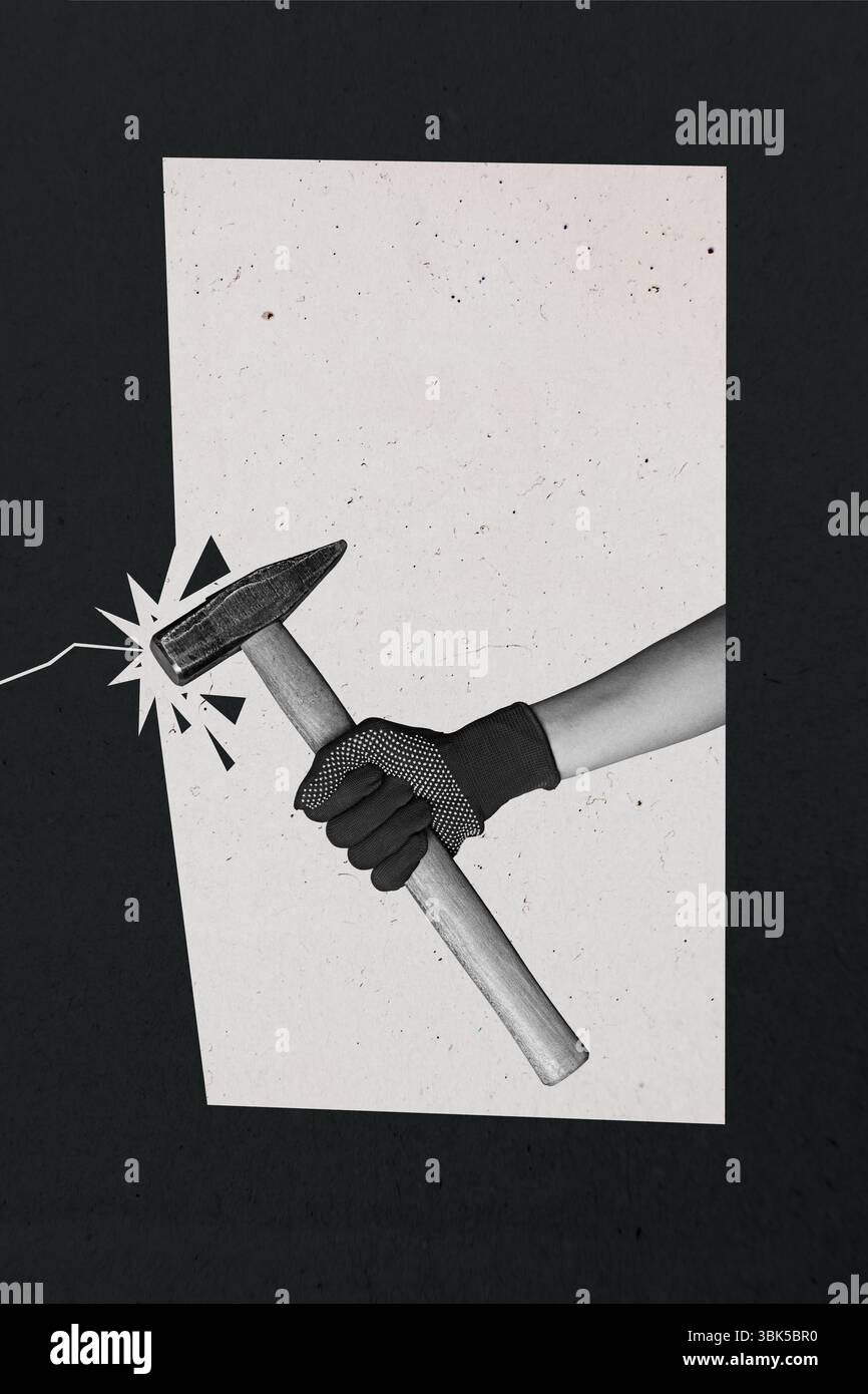 Composite 3D photo collage design trend sketch of hand handyman glove hold hammer crack ...