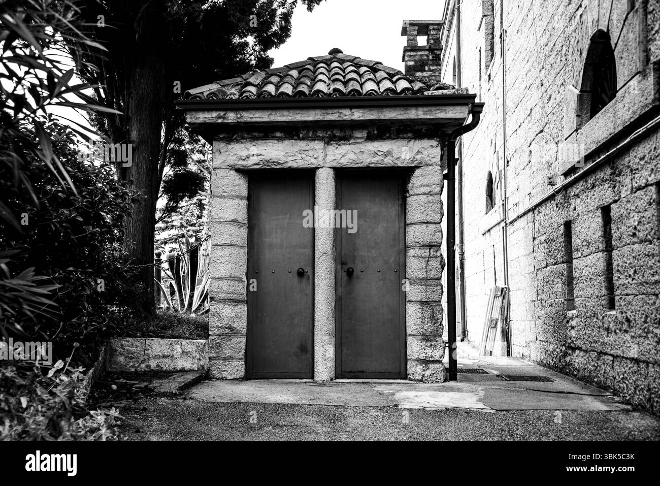 Two brown entrance doors Black and White Stock Photos & Images - Alamy